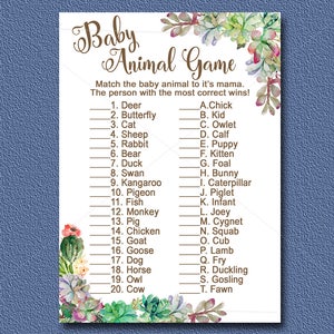 Succulent Baby Shower Game, Match the Baby Animal Name Game, Printable ...