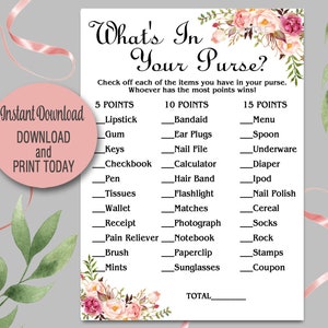 Floral Baby Shower Game, What's in Your Purse Printable, Bohemian Pink ...