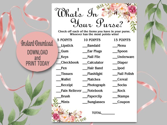 Floral Baby Shower Game What's in Your Purse Printable - Etsy