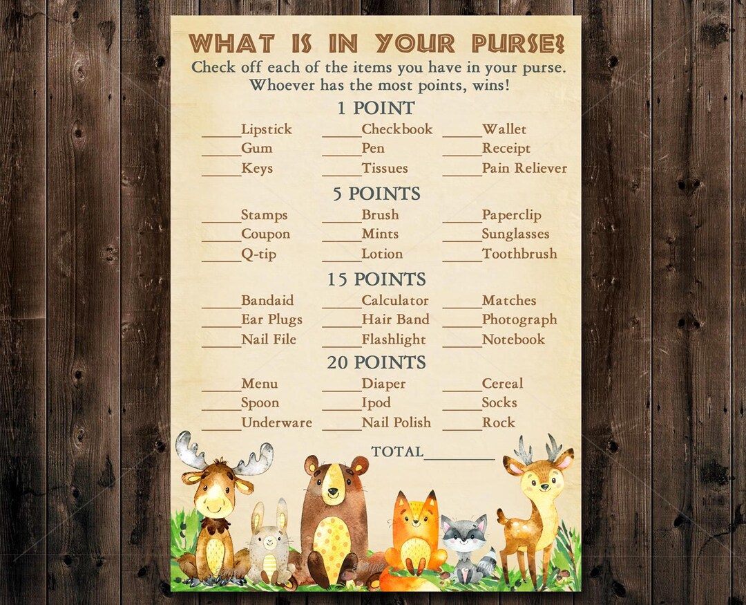 Woodland Baby Shower Game, What's in Your Purse Game Printable ...