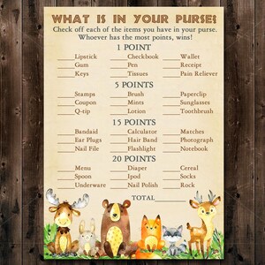 Woodland Baby Shower Game, What's in Your Purse Game Printable ...