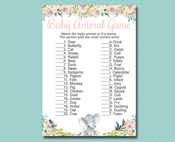 Elephant Shower Game Baby Animals Game Printable Girl Baby - Etsy