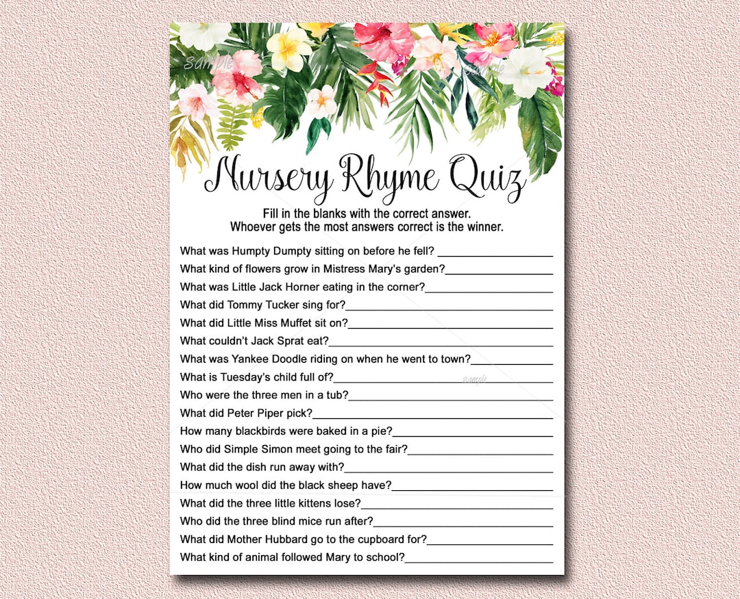 Tropical Baby Shower Game, Nursery Rhyme Quiz Game Printable, Floral ...