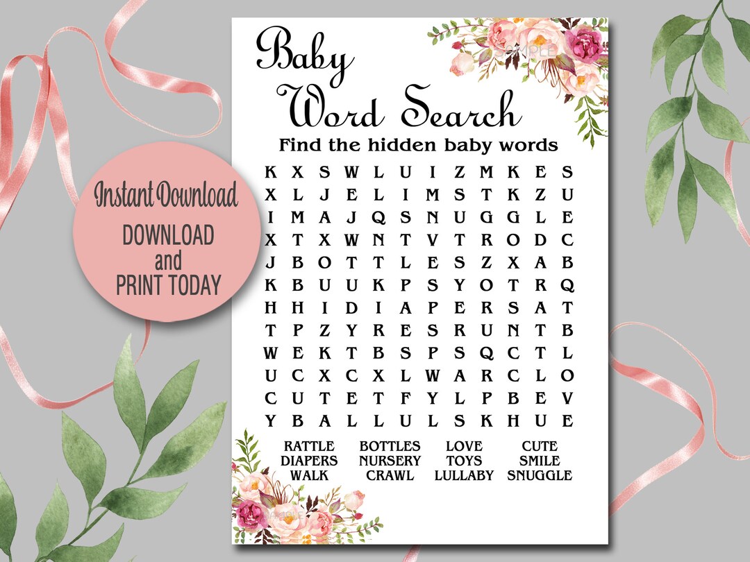 Floral Baby Shower Game, Word Search Game, Printable, Pink Floral Boho ...