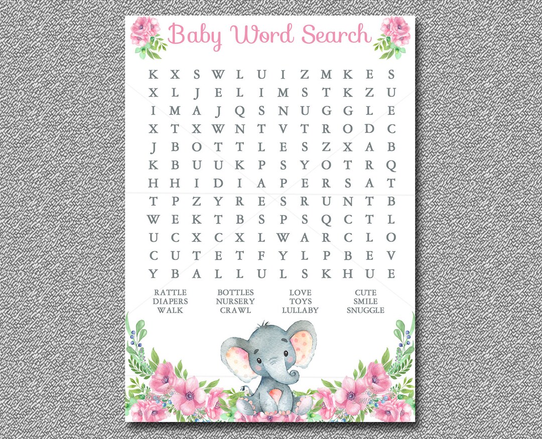 Pink Elephant Baby Shower Game, gra w wyszukiwanie słów do druku, Pink ...