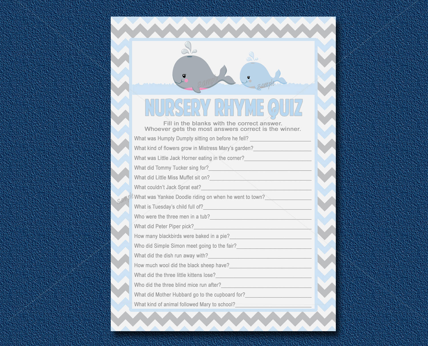 Whale Baby Shower Game Nursery Rhyme Quiz Game Printable | Etsy
