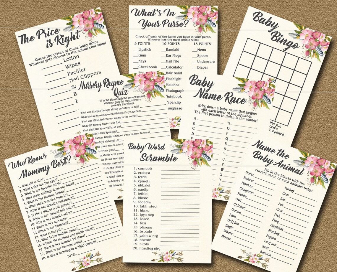 Boho Baby Shower Games Package 8 Games Bohemian Pink Floral - Etsy