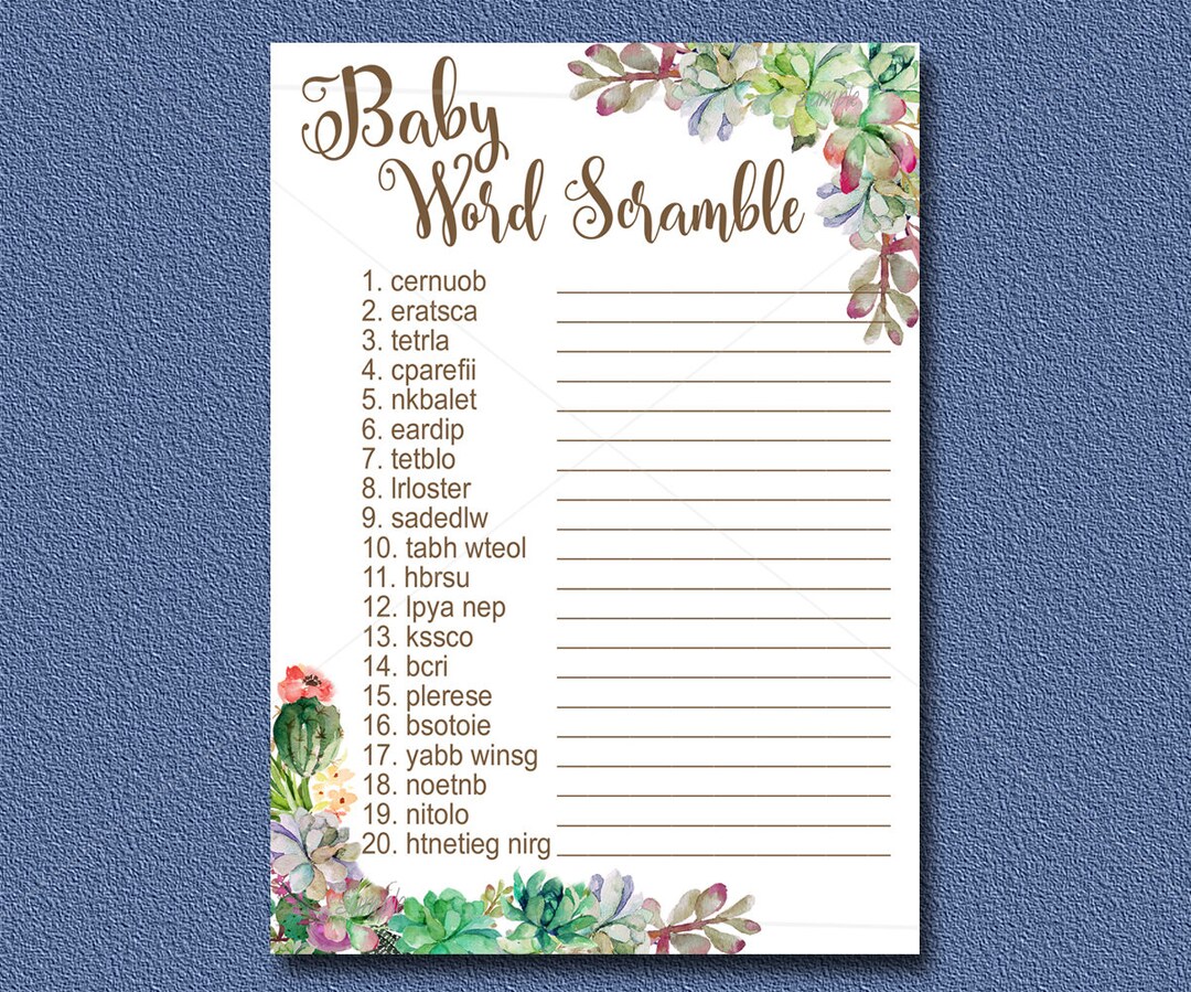 Succulent Baby Shower Game Word Scramble, Printable, Watercolor Cactus ...