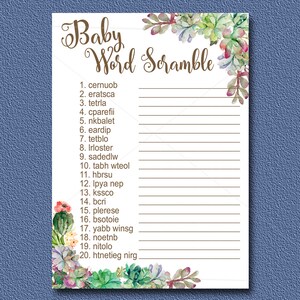 Succulent Baby Shower Game Word Scramble, Printable, Watercolor Cactus ...