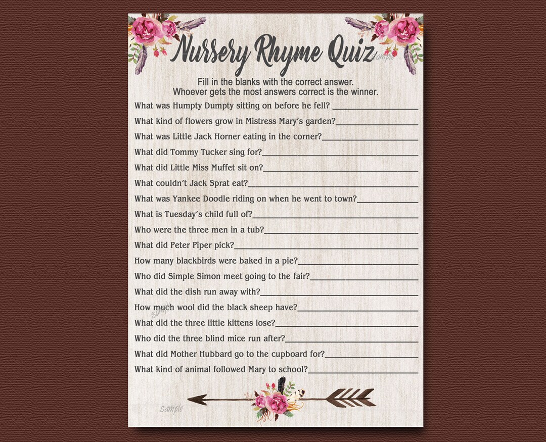 Boho Baby Shower Game, Nursery Rhyme Game, Printable, Rustic Bohemian ...