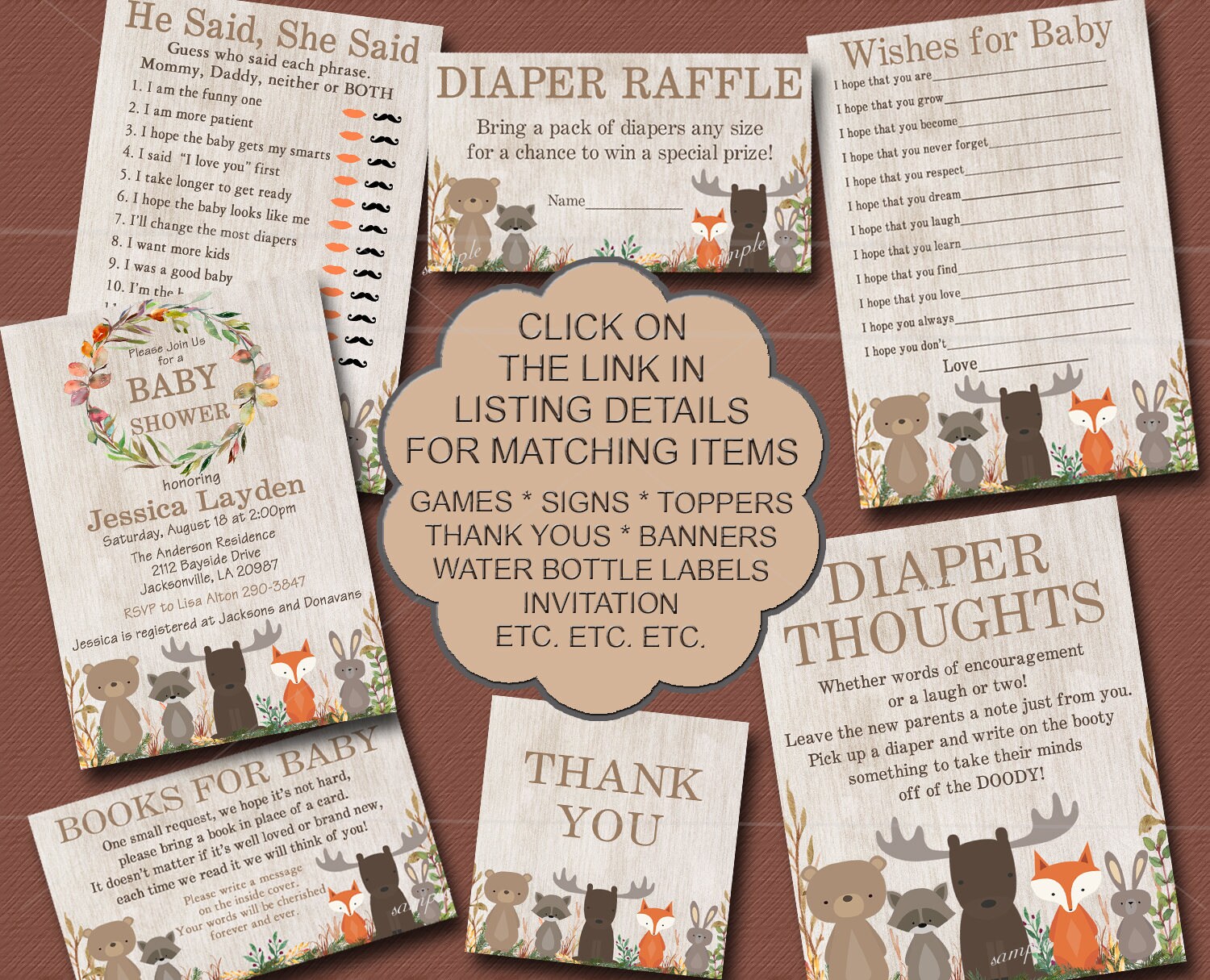 Woodland Baby Shower Game Bingo Card Printable Animals Baby | Etsy