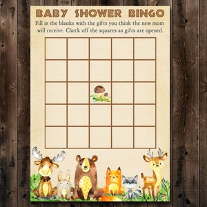 Woodland Baby Shower Game, Bingo, Printable, Woodland Animals Baby ...