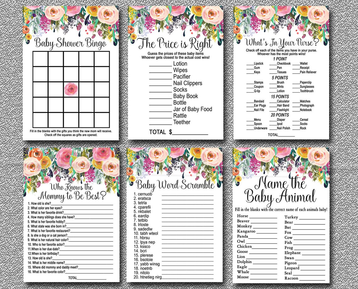 Floral Baby Shower GAMES Set of 8 Printable Games Boho Baby | Etsy