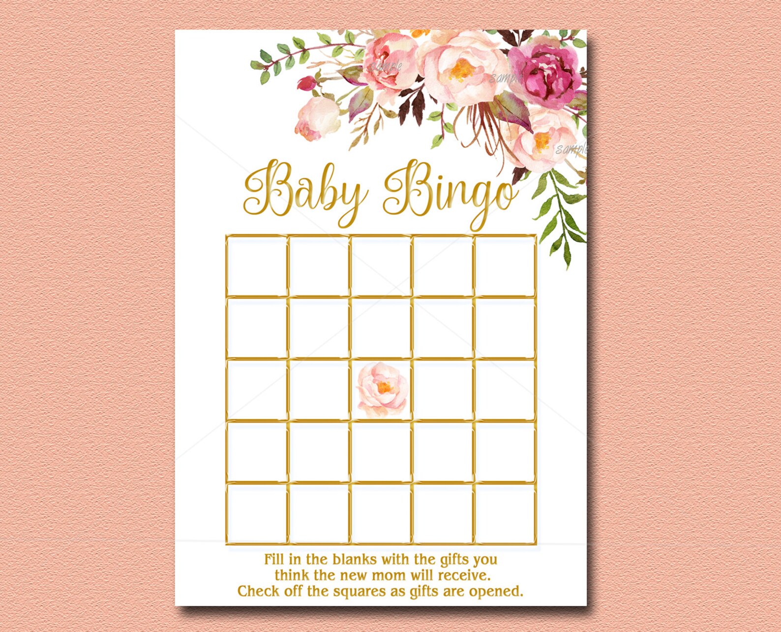 BINGO Floral Baby Shower Game Printable Peach Pink Gold | Etsy