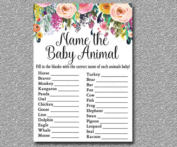 Floral Baby Shower Game Name the Baby Animals Game Printable | Etsy