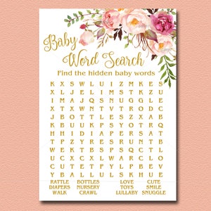 Gold Printable Boho Floral Baby Shower Word Search Game, Printable ...