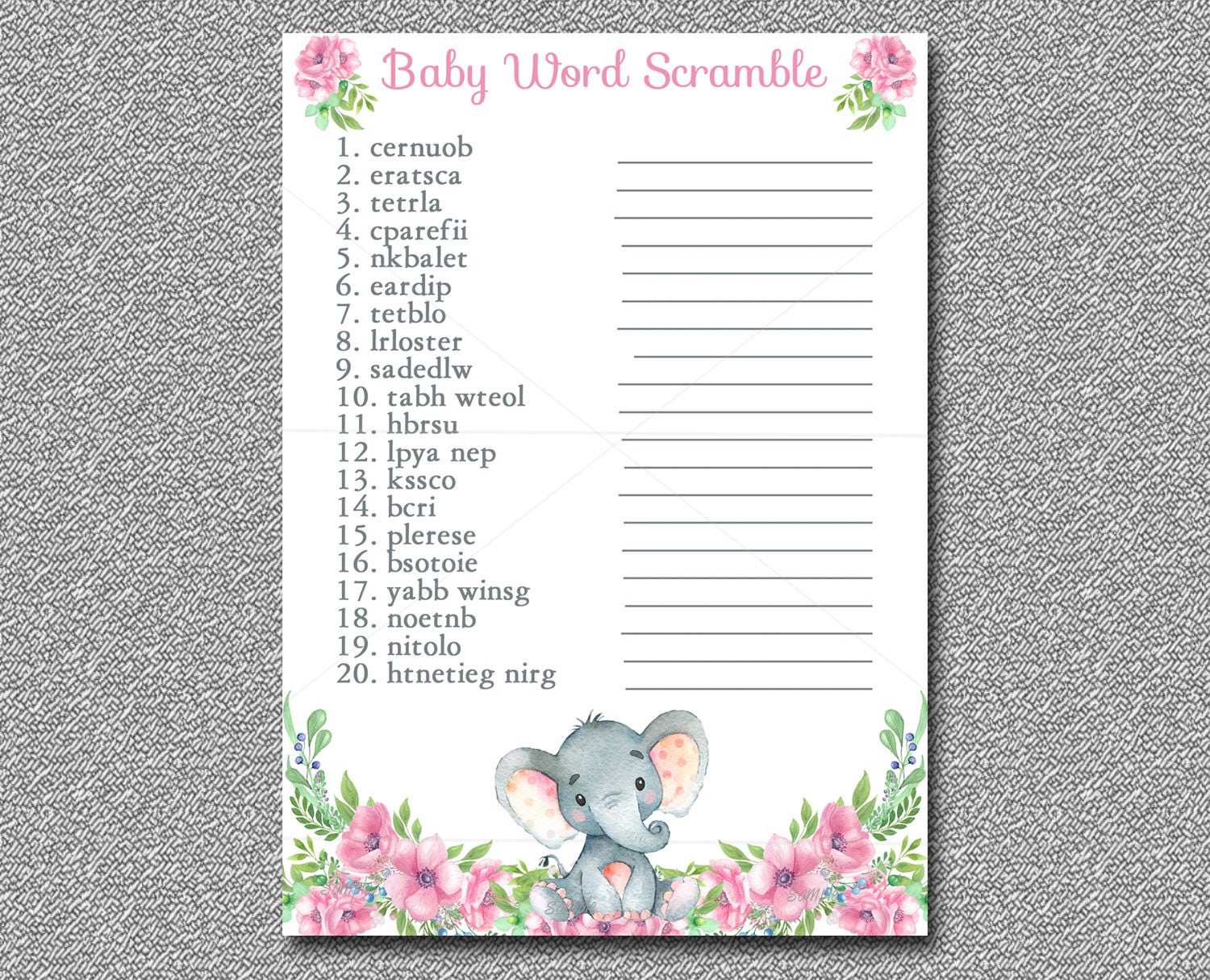 Pink Elephant Baby Shower Game , Word Scramble Game Printable, Elephant ...