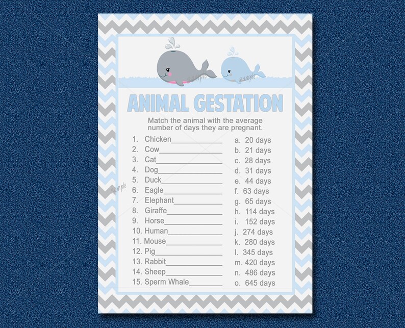 Whale Baby Shower Game Animal Gestation Game Printable | Etsy