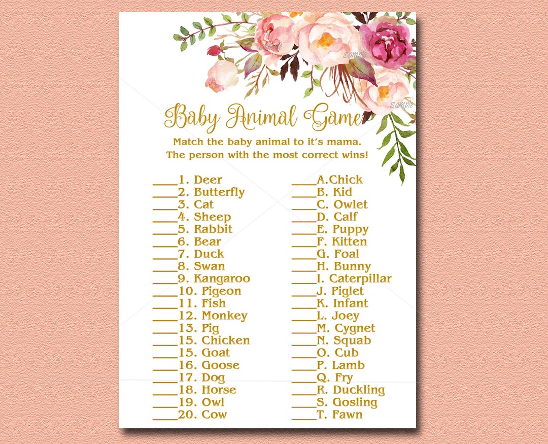 Baby Animal Floral Baby Shower Game, Printable, Peach, Pink, Gold Boho ...