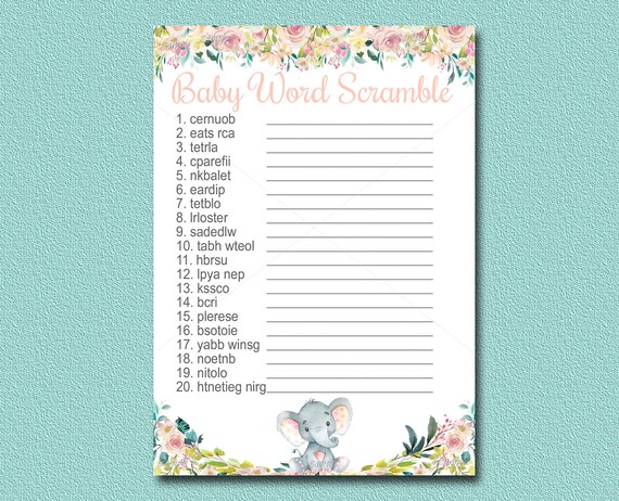 Elephant Baby Shower Game Word Scramble Game Printable | Etsy