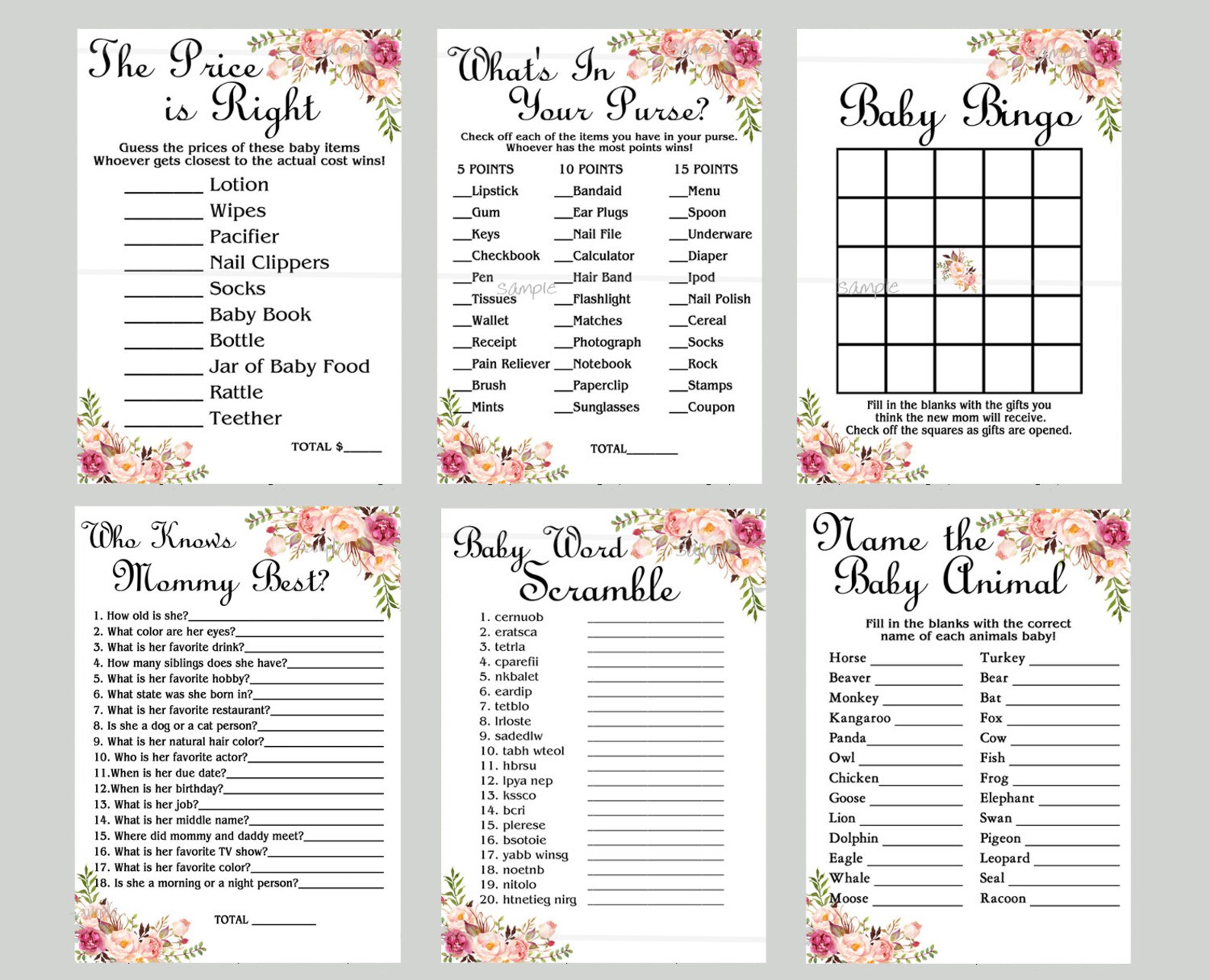 Floral Baby Shower Games Package 8 Games Pack Bohemian Pink - Etsy