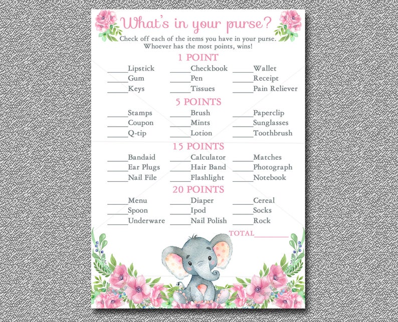 Pink Elephant Baby Shower Game, Whats in Your Purse Game Printable ...