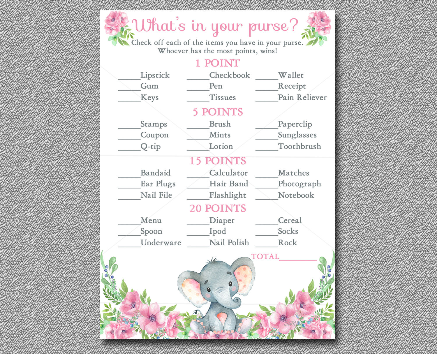 Pink Elephant Baby Shower Game, Whats in Your Purse Game Printable ...