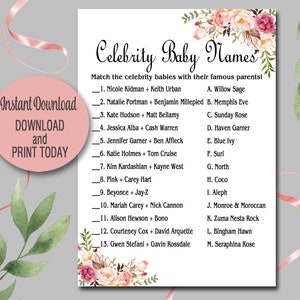 Celebrity Baby Name Baby Shower Game Printable, Watercolor Pink Floral ...