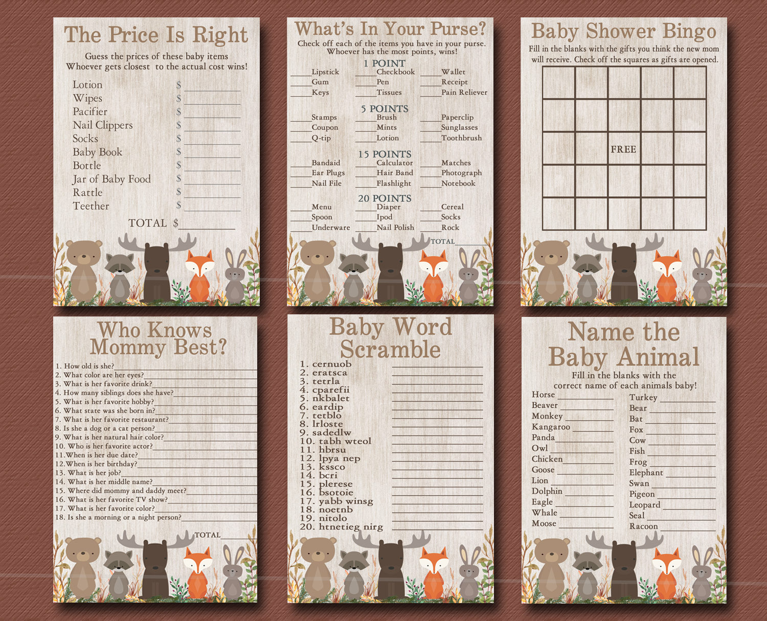 Woodland Baby Shower Game Package, 6 Printable Forest Animal Games ...