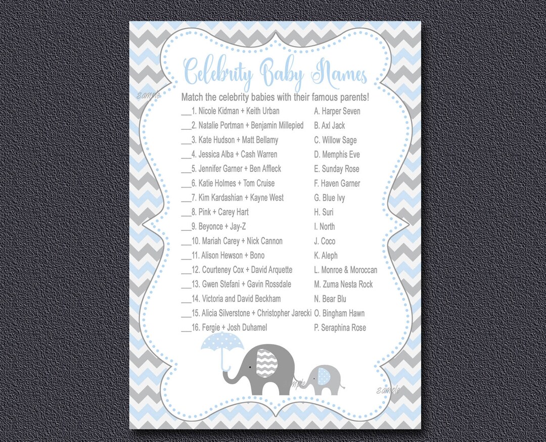 Elephant Baby Shower Game, Celebrity Baby Name Game Printable, Boy Blue ...