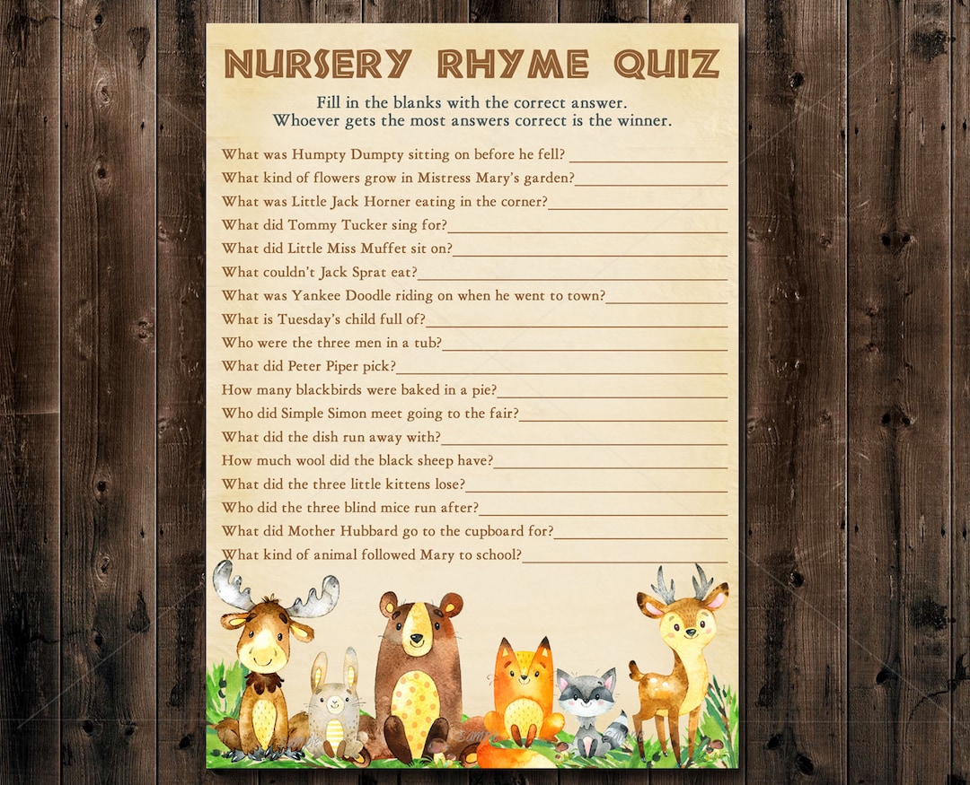 Woodland Baby Shower Game, Nursery Rhyme Quiz Game Printable, Forest ...