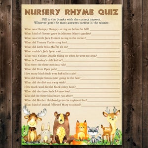 Woodland Baby Shower Game, Nursery Rhyme Quiz Game Printable, Forest ...