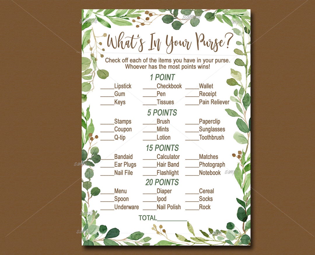Baby Shower Game, What's in Your Purse, Printable, Watercolor Leaves ...