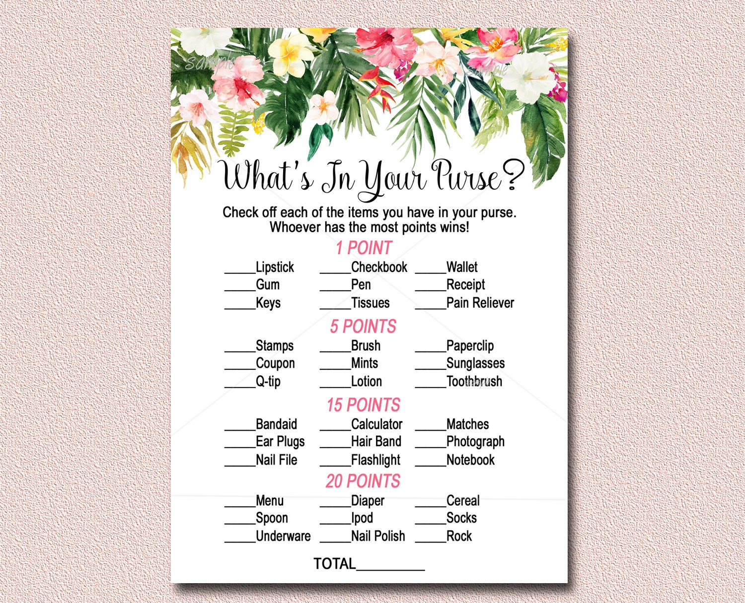 Tropical Baby Shower Whats in Your Purse Game Printable | Etsy