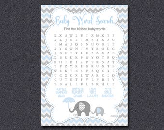 Elephant Blue Word Search Game, Blue Gray Baby Shower Word Search Cards ...