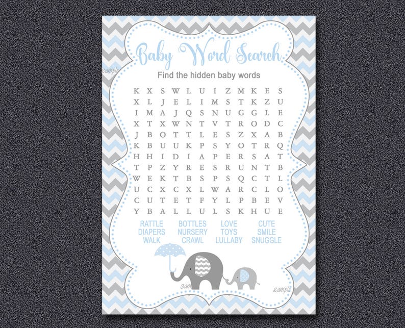 Elephant Baby Shower Game Word Search Game Printable Blue & - Etsy