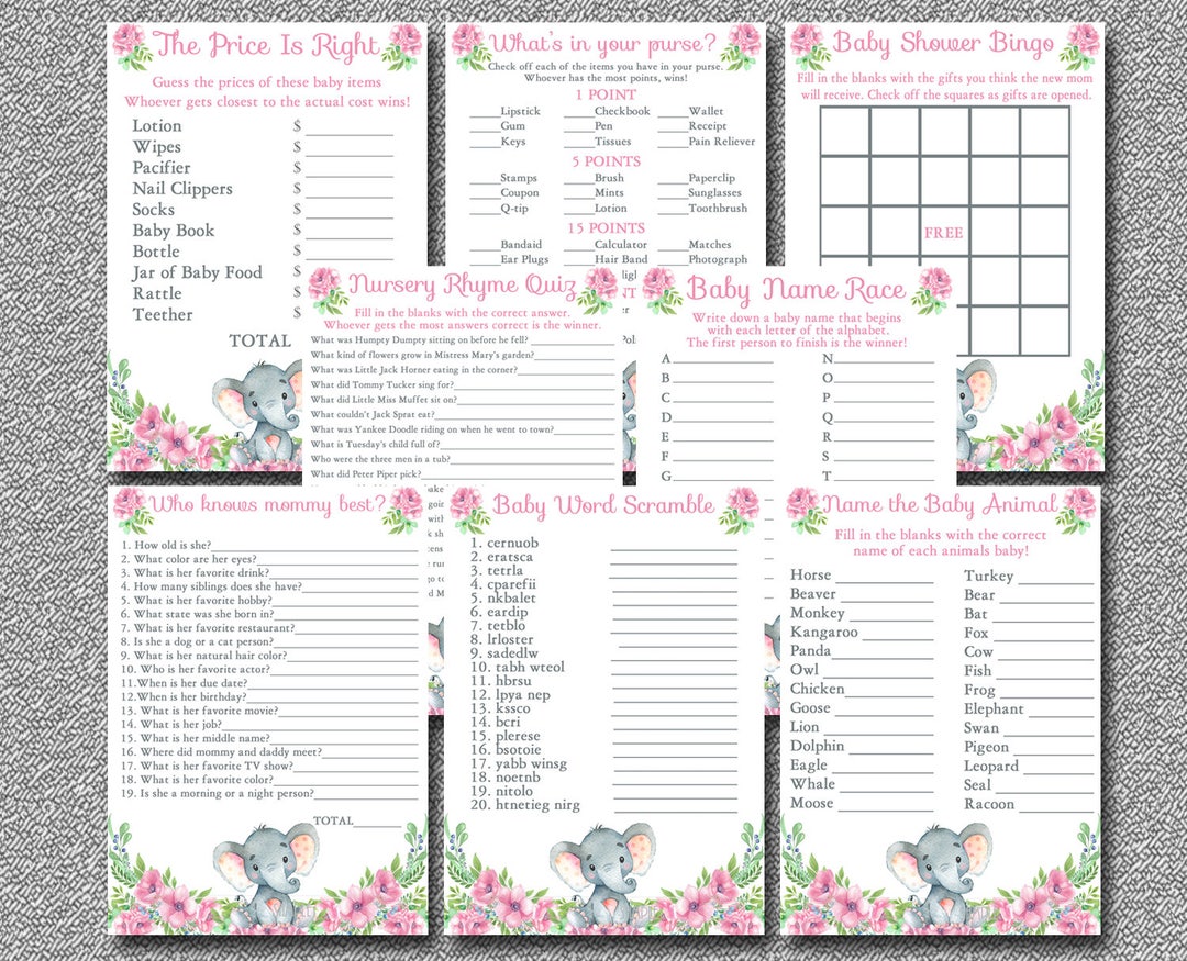 Pink Elephant Baby Shower GAMES, Set of 8 Printable Games, Elephant ...
