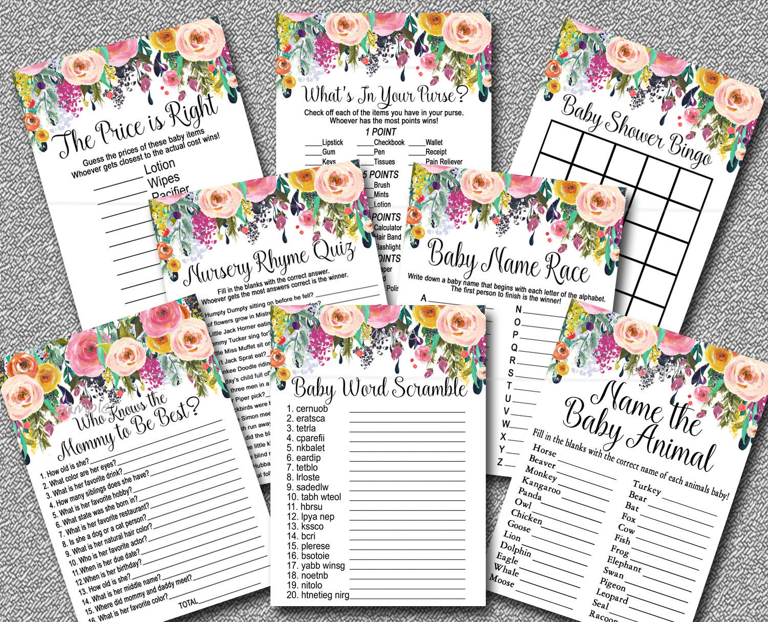 Floral Baby Shower GAMES set of 8 Printable Games Boho Baby | Etsy