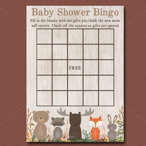 Woodland Baby Shower Game, Bingo Card, Printable, Animals Baby Shower ...