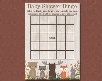Woodland Baby Shower Game Bingo Card Printable Animals Baby - Etsy