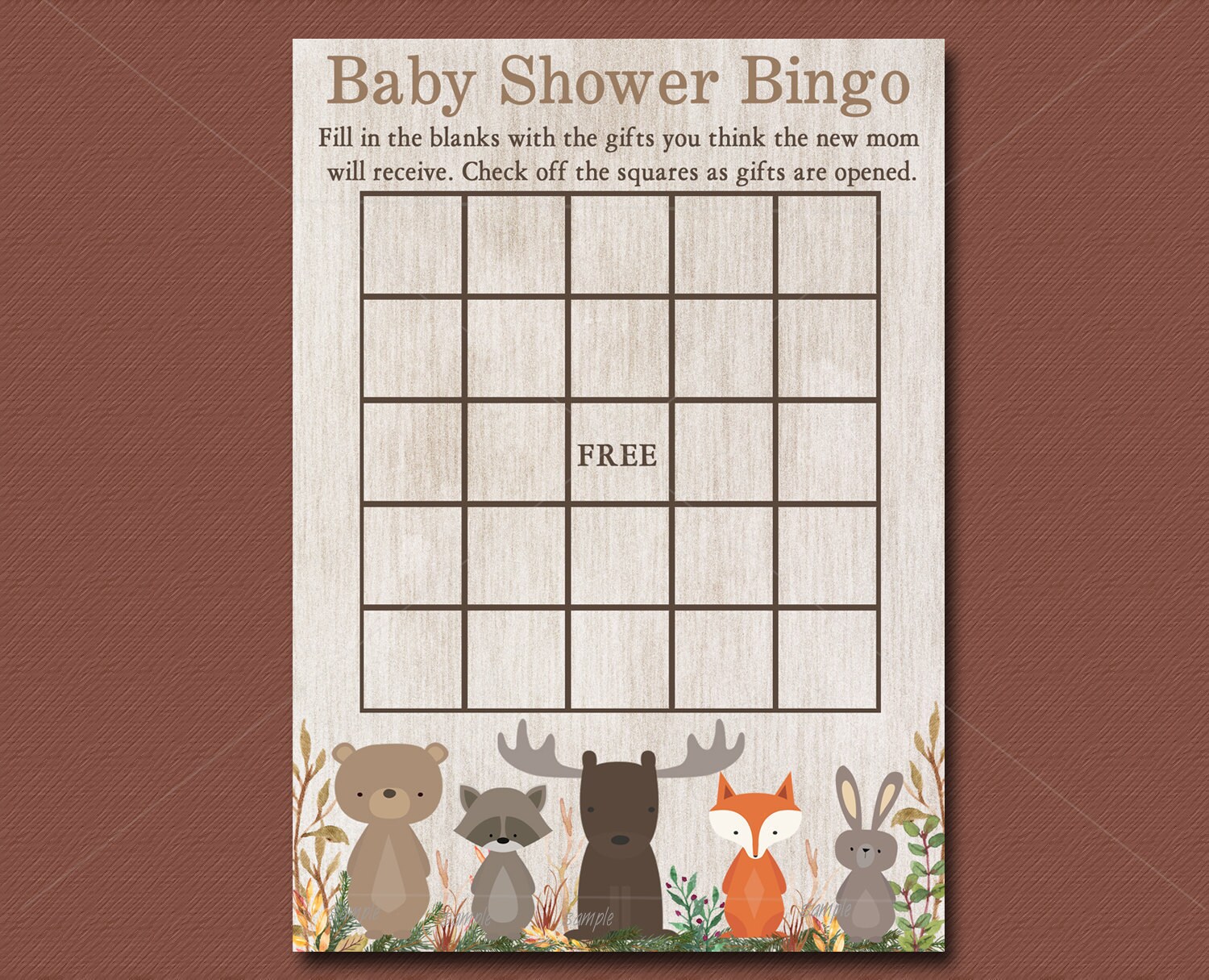 Woodland Baby Shower Game Bingo Card Printable Animals Baby | Etsy