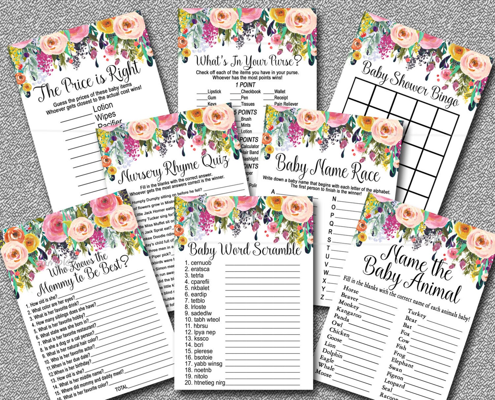 Floral Baby Shower Games Package, 8 Pack of Printable Games, Boho Baby ...