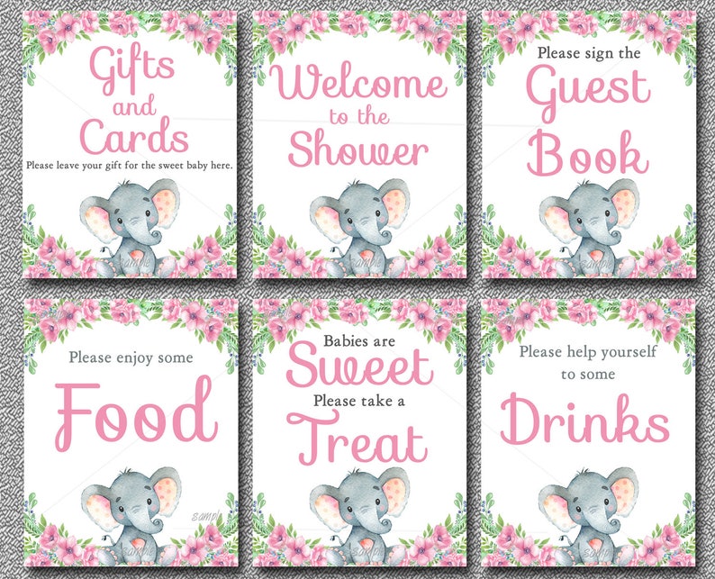 Pink Elephant Baby Shower Table Signs, Set of 6 Printable Signs, Girl ...