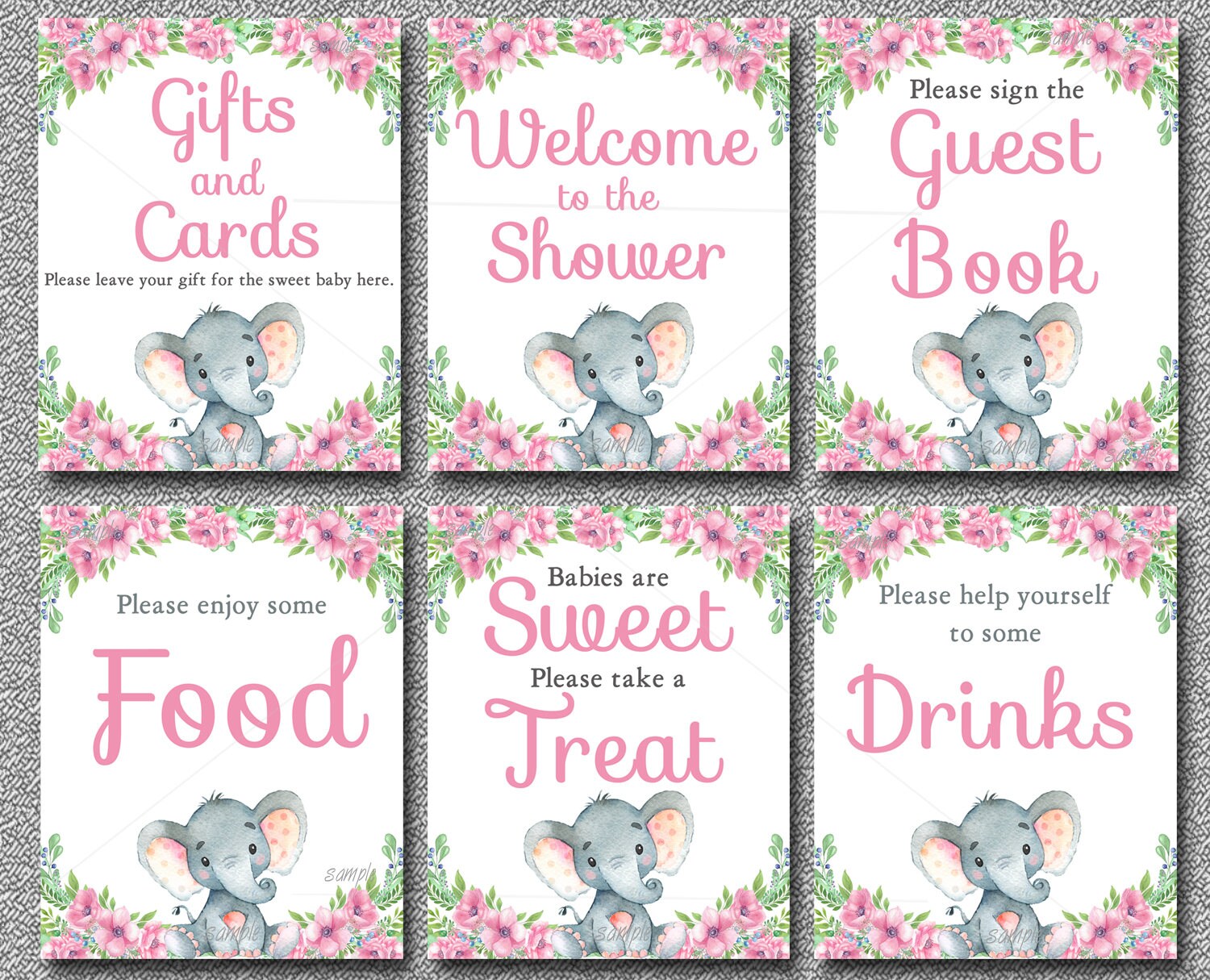 Pink Elephant Baby Shower Table Signs, Set of 6 Printable Signs, Girl ...