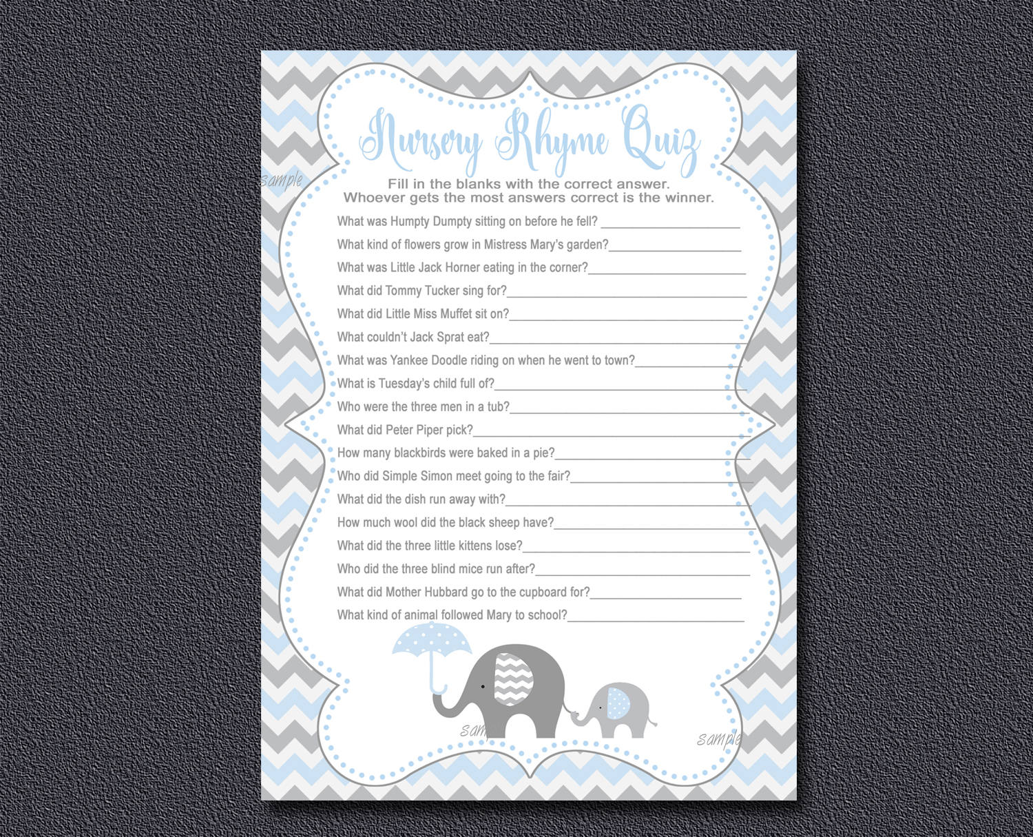 Elephant Baby Shower Nursery Rhyme Quiz Game Printable Boy | Etsy