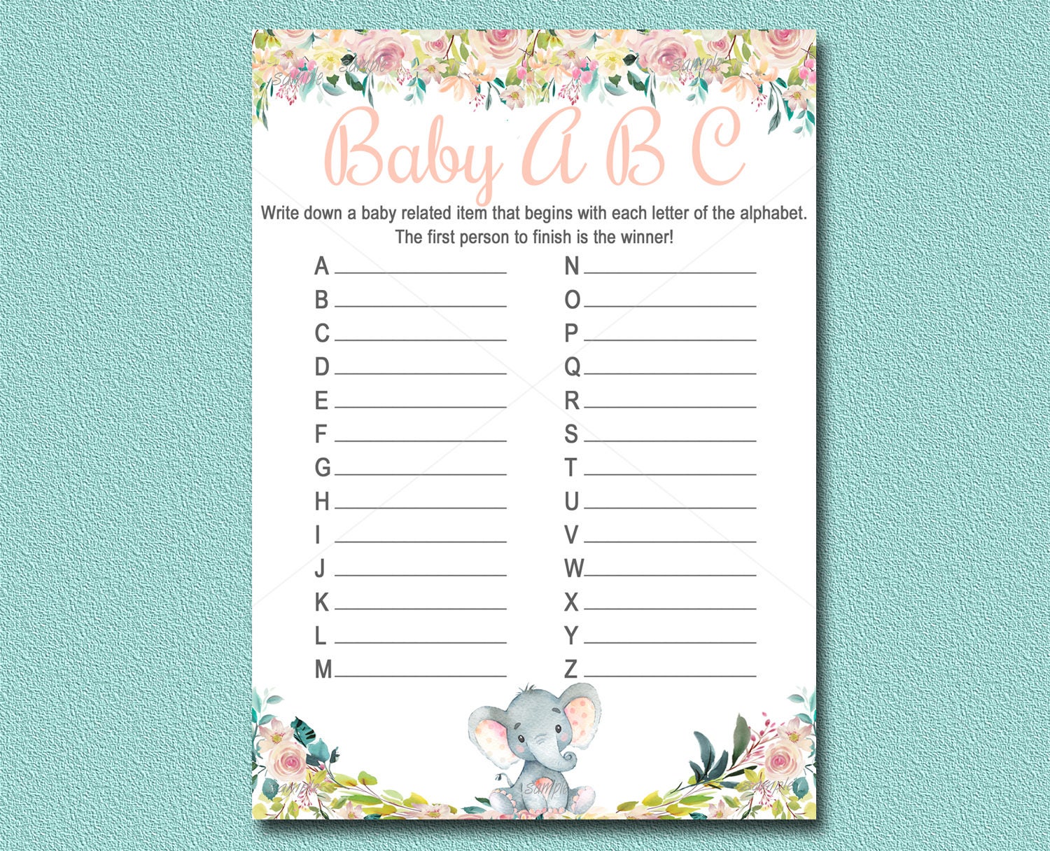 Elephant Baby Shower Game ABC Game Printable Girl Baby | Etsy