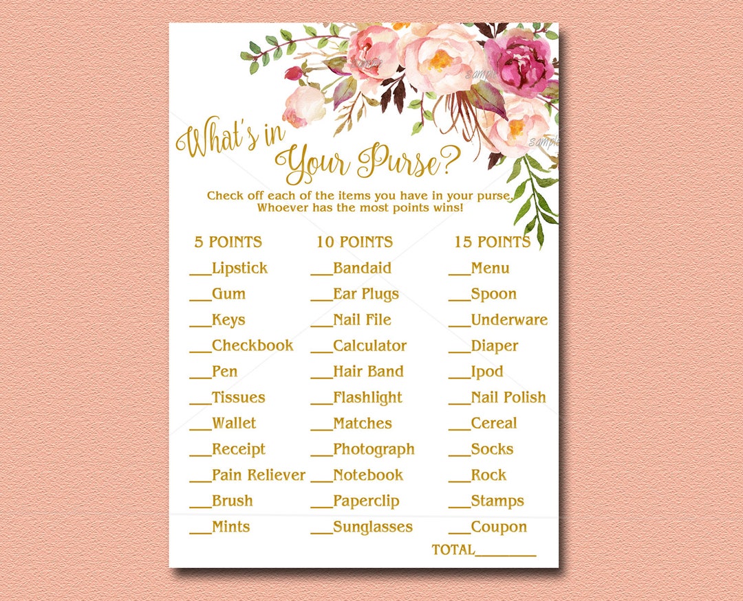 What's in Your Purse Floral Baby Shower Game, Printable, Peach, Pink ...
