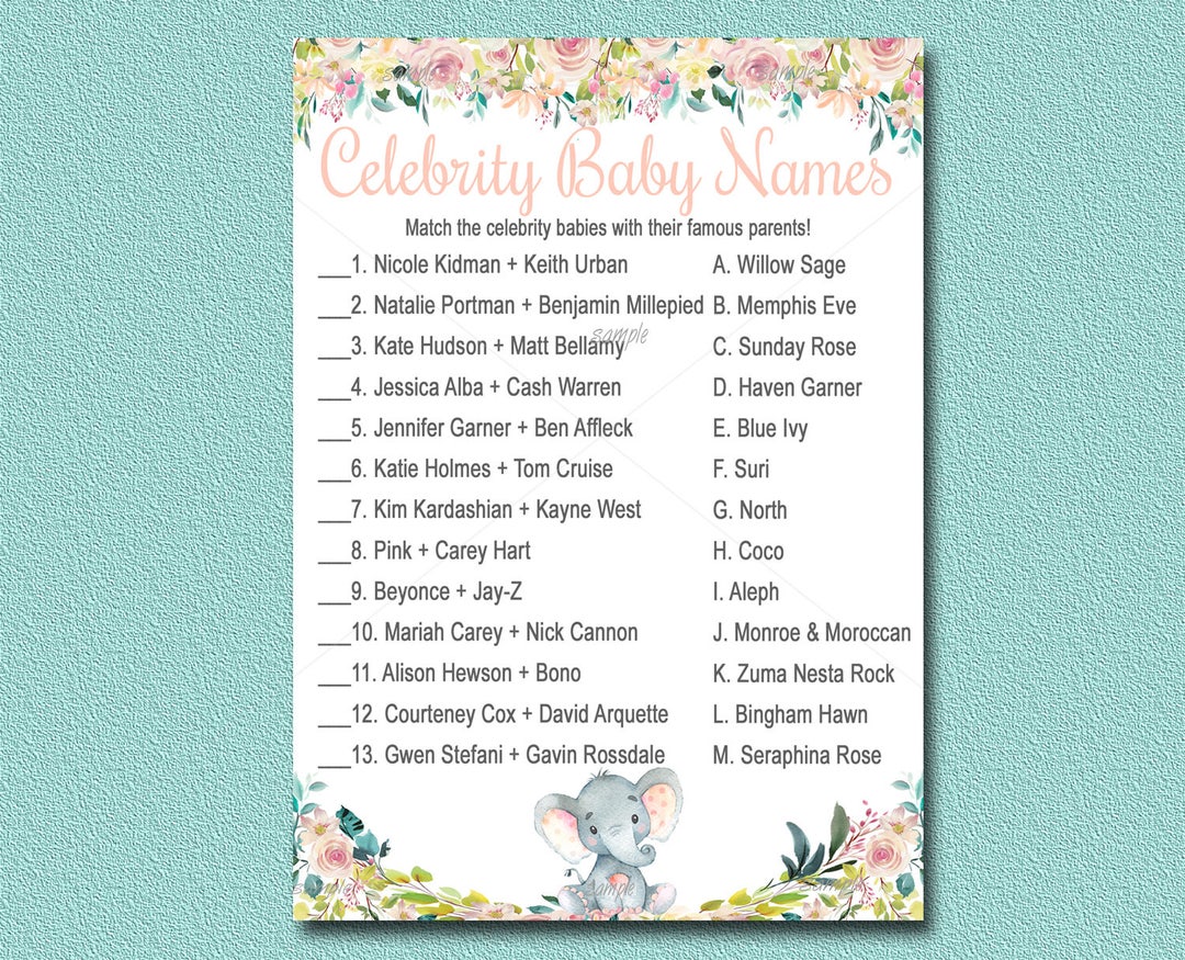 Elephant Baby Shower Game Celebrity Baby Name Game Printable, Floral ...