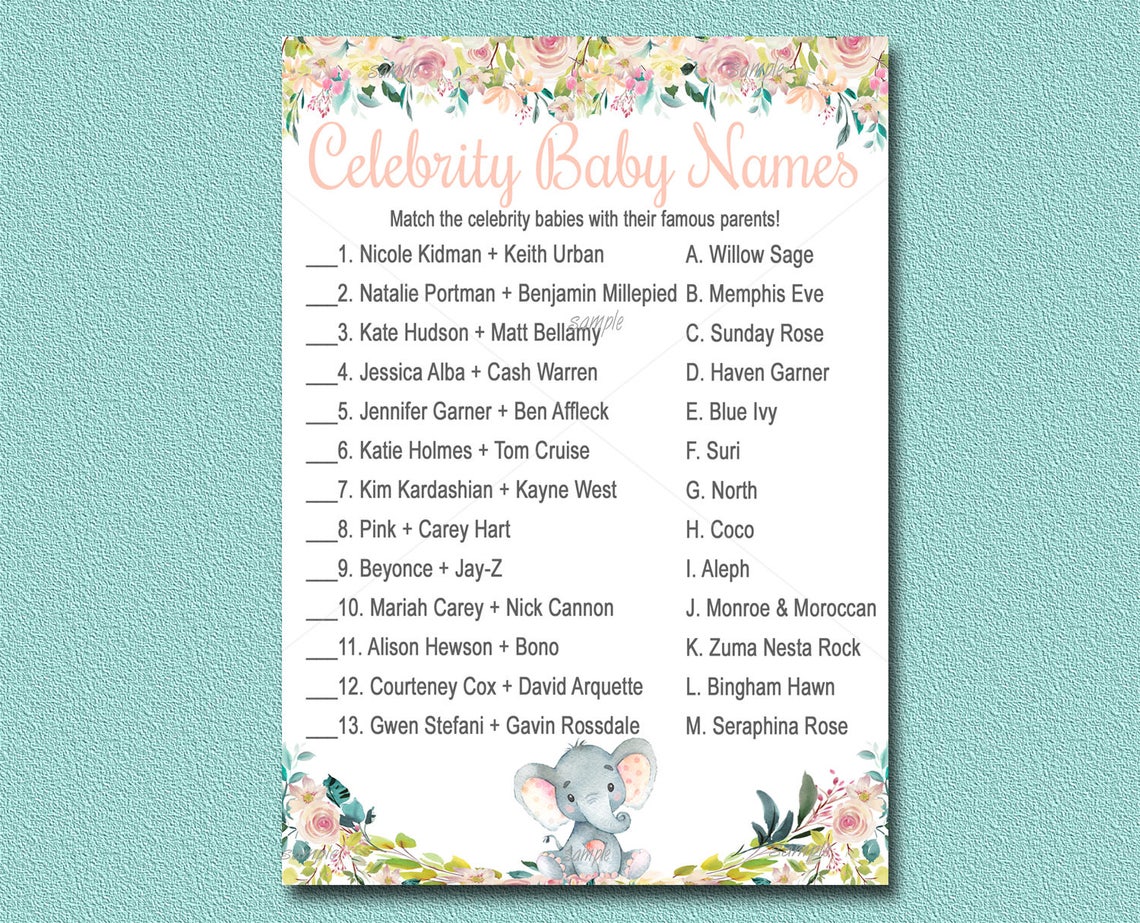Elephant Baby Shower Game Celebrity Baby Name Game Printable | Etsy