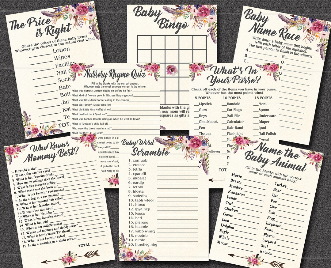 Boho Baby Shower Games Package, 8 Games Floral Bohemian Tribal Feathers ...